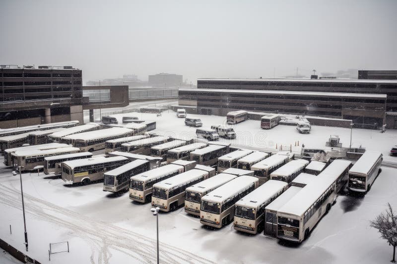 Bus Depot during Heavy Snowfall, with Buses Buried Under the Blanket of ...