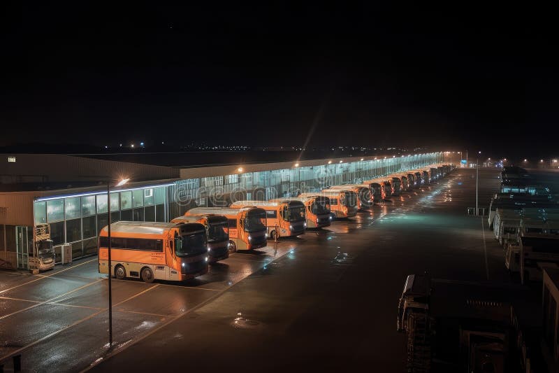 Bus Depot at Night, with Buses Lined Up and Their Lights Shining Stock ...