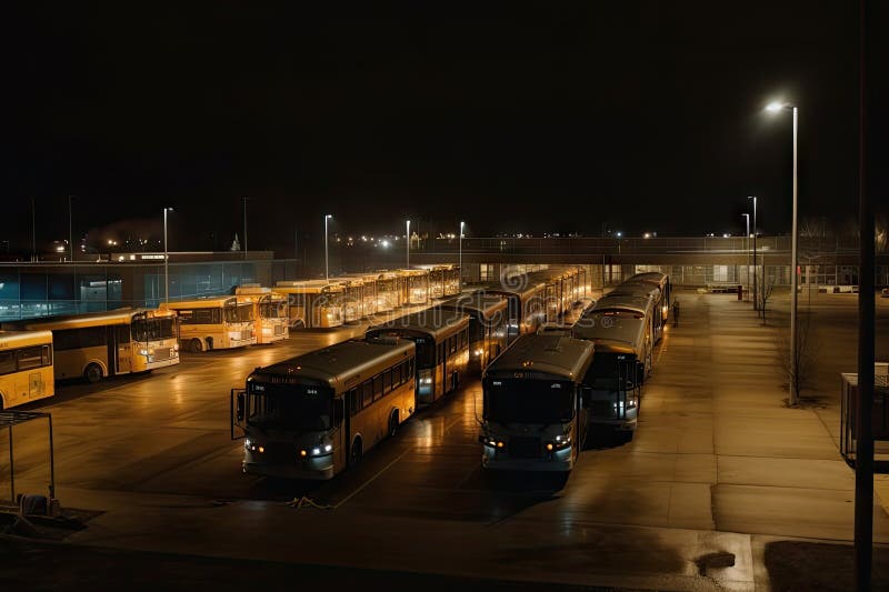 Bus Depot at Night, with Buses Lined Up and Waiting for the Morning ...