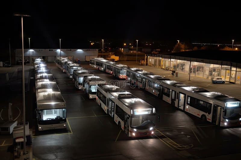 Bus Depot at Night, with Buses and Other Vehicles Illuminated by ...