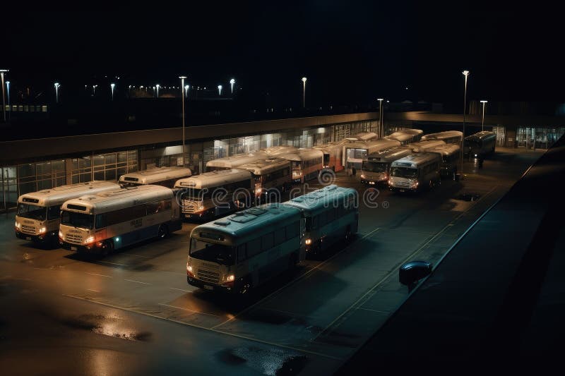 Bus Depot at Night, with Buses Parked in Rows and Their Headlights ...