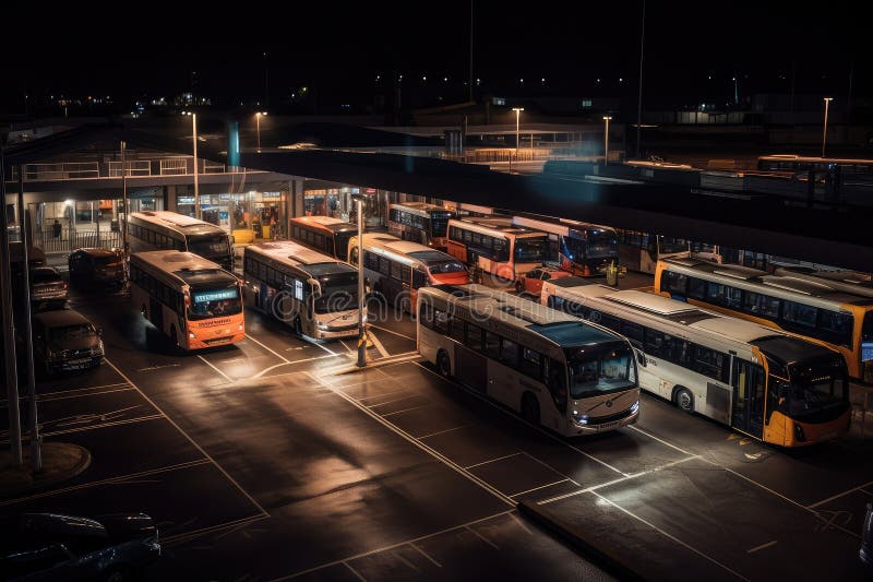 Bus Depot at Night, with Buses and Vehicles Illuminated by Nighttime ...