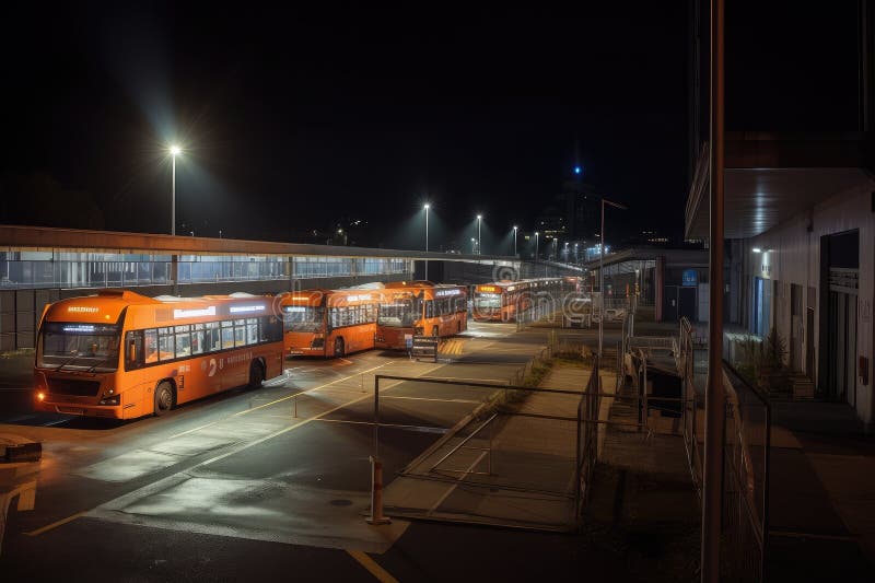Bus Depot at Night, with the Illuminated Sign and Buses in the ...