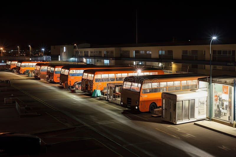 Bus Depot at Night, with the Illuminated Sign and Buses in the ...
