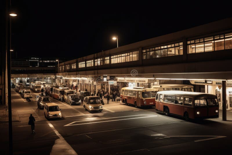 Bus Depot at Night, with Its Lights Shining and People Bustling about ...