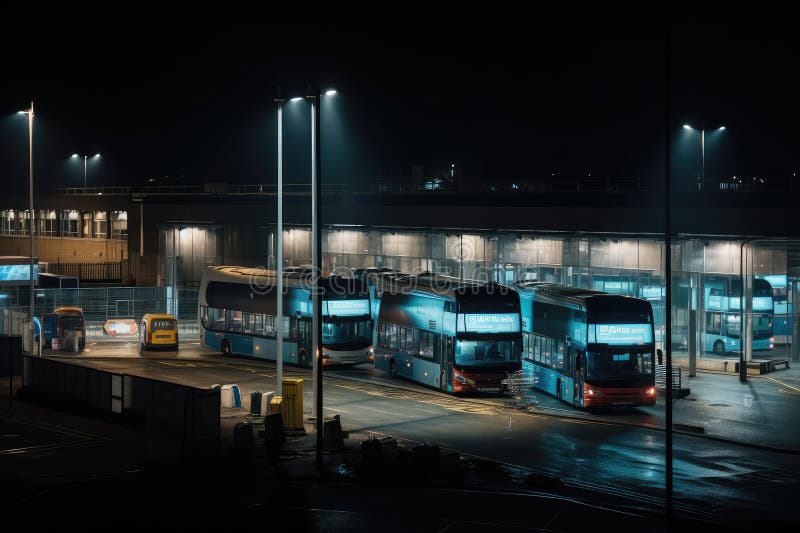 Bus Depot at Night, with the Lights of the Buses Illuminating the Scene ...