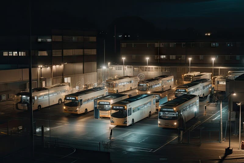 Bus Depot at Night, with the Lights of the Buses Illuminating the Scene ...