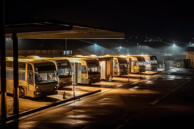 Bus Depot at Night, with the Lights of the Buses Illuminating the Scene ...