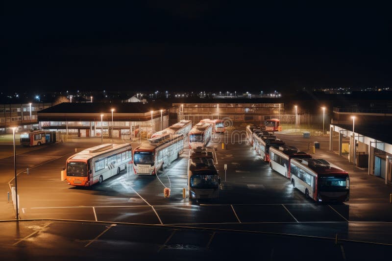Bus Depot at Night, with the Lights on and Buses in Position for Their ...