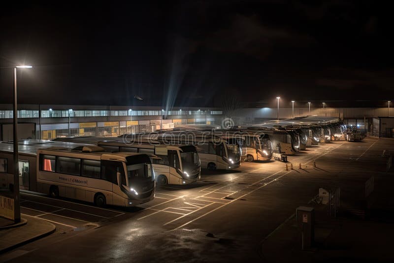 Bus Depot at Night, with the Lights on and Buses in Position for Their ...