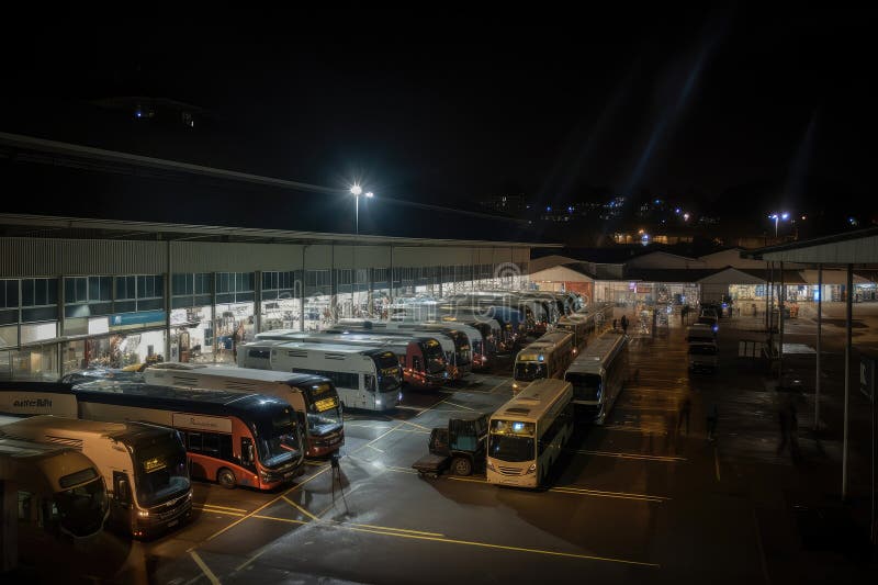Bus Depot at Night, with the Lights on and Buses in Position for Their ...