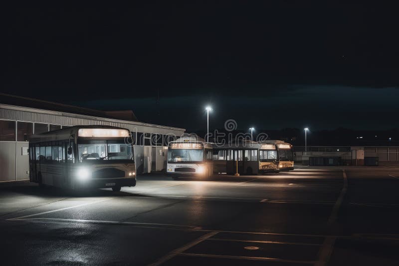 Bus Depot at Night with the Lights Shining Bright Stock Illustration ...