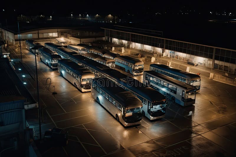 Bus Depot at Night, with the Lights Shining and Buses Parked in Rows ...