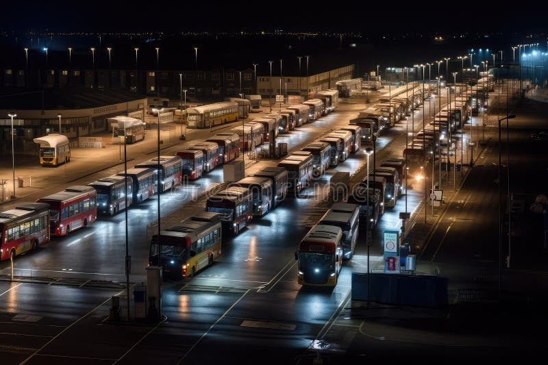 Bus Depot at Night, with the Lights Shining and Buses Parked in Rows ...