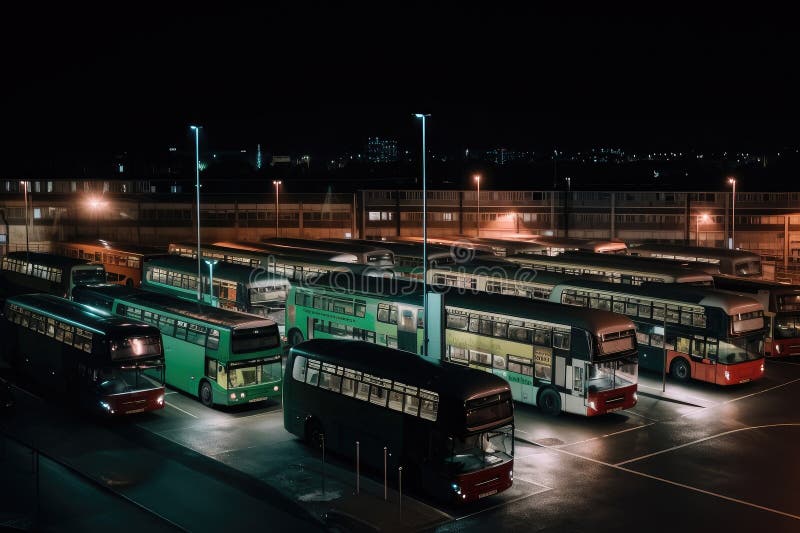 Bus Depot at Night, with the Lights Shining and Buses Parked in Rows ...