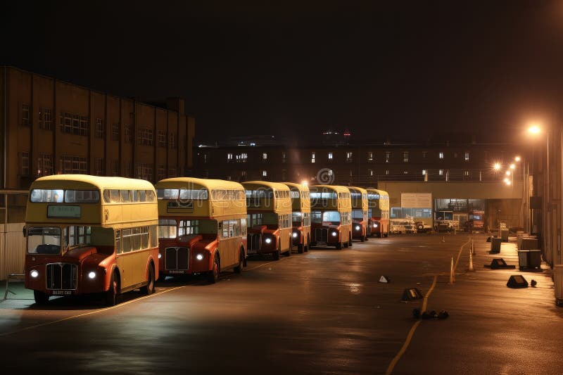 Bus Depot at Night, with the Lights Shining and Buses Parked in Rows ...