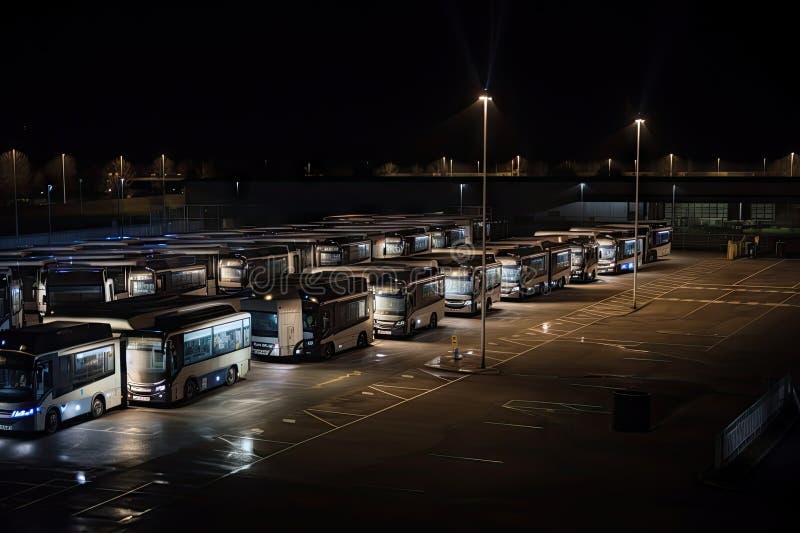 Bus Depot at Night, with the Lights Shining on the Fleet of Buses and ...