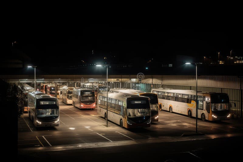 Bus Depot at Night, with the Lights Shining on the Fleet of Buses and ...