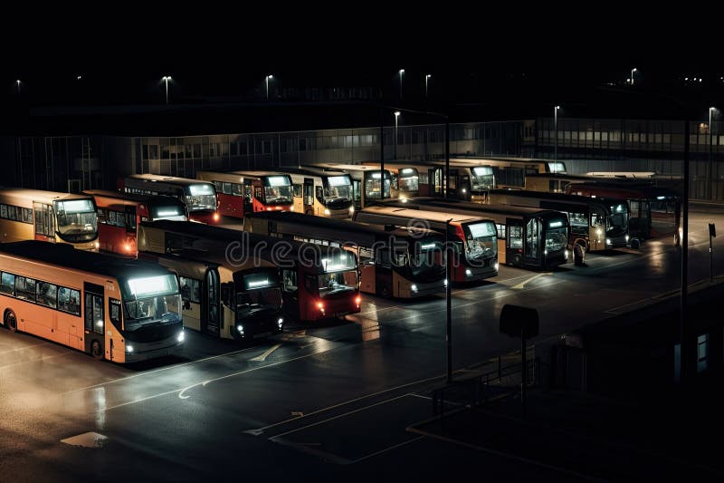 Bus Depot at Night, with the Lights Shining on the Fleet of Buses and ...