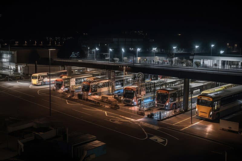 Bus Depot at Night, with the Lights Shining and Vehicles in Motion ...