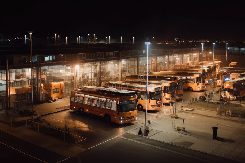 Bus Depot at Night, with Lit-up Buses and Other Vehicles in View Stock ...