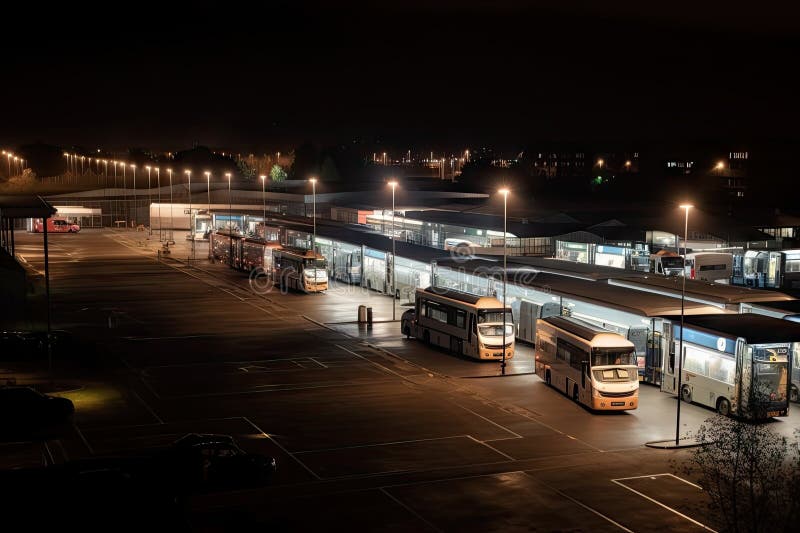Bus Depot at Night, with Lit-up Buses and Other Vehicles in View Stock ...