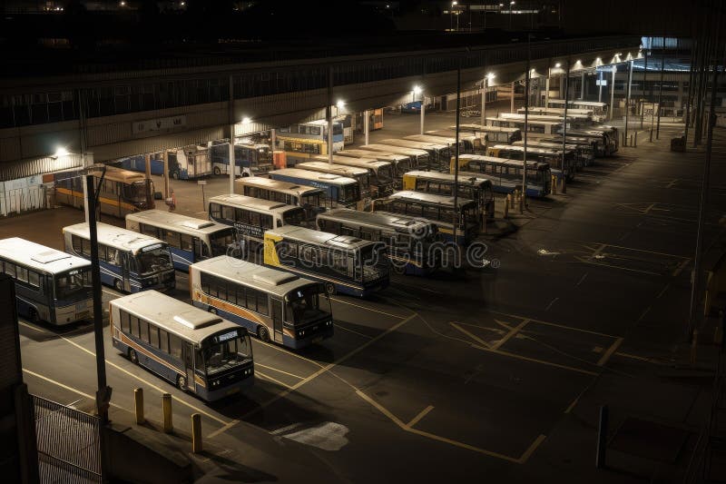 Bus Depot at Night, with Rows of Buses and Other Vehicles Parked in the ...