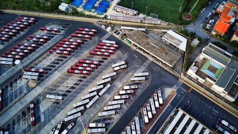Bus Depot Red Buses Top-down View Aerial Drone Shot Stock Image - Image ...