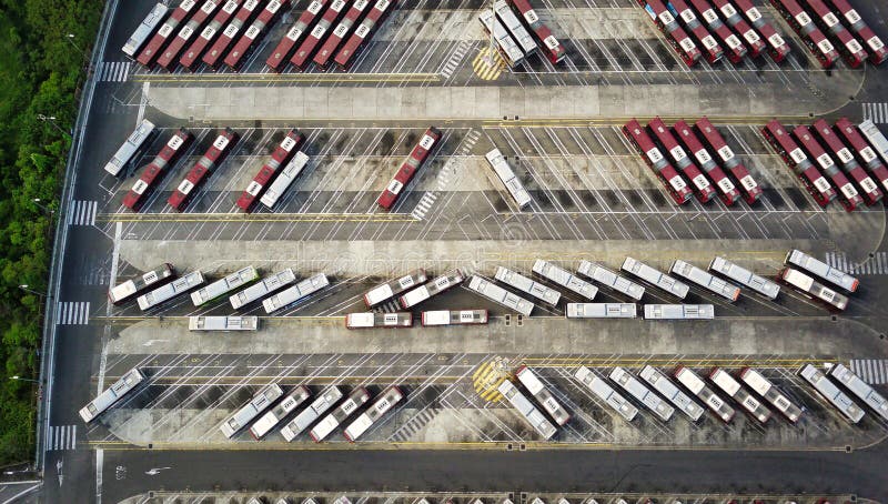 Bus Depot Red Buses Top-down View Aerial Drone Shot Stock Image - Image ...