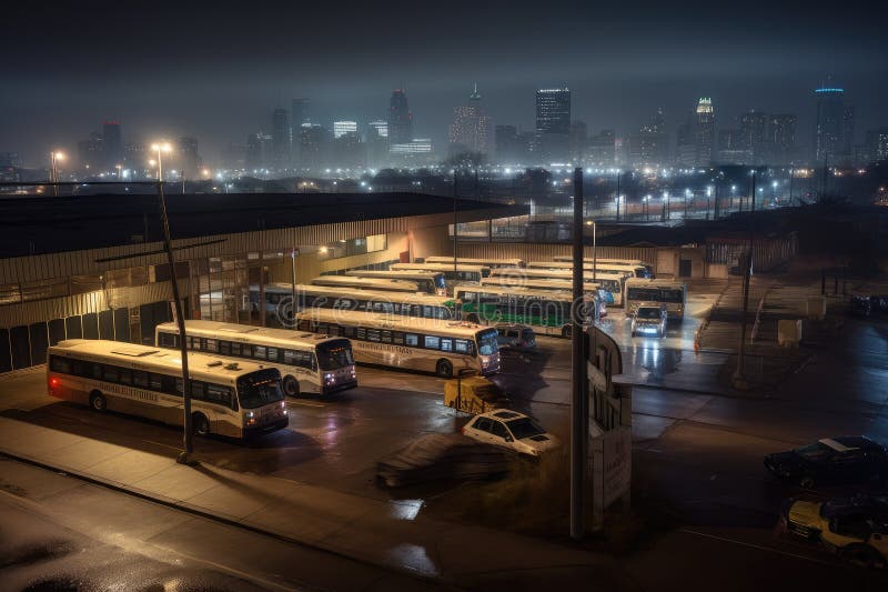 Bus Depot with View of Busy City Skyline at Night Stock Image - Image ...