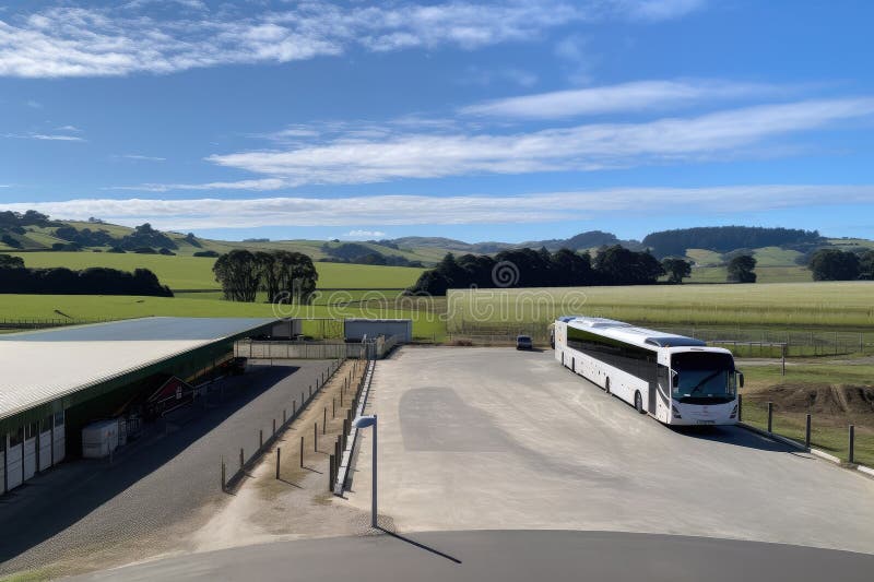 Bus Depot with View of Rolling Hills and Fields, Signifying the Journey ...
