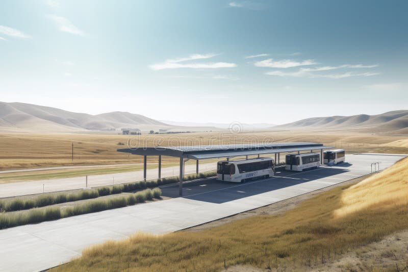 Bus Depot with View of Rolling Hills and Fields, Signifying the Journey ...