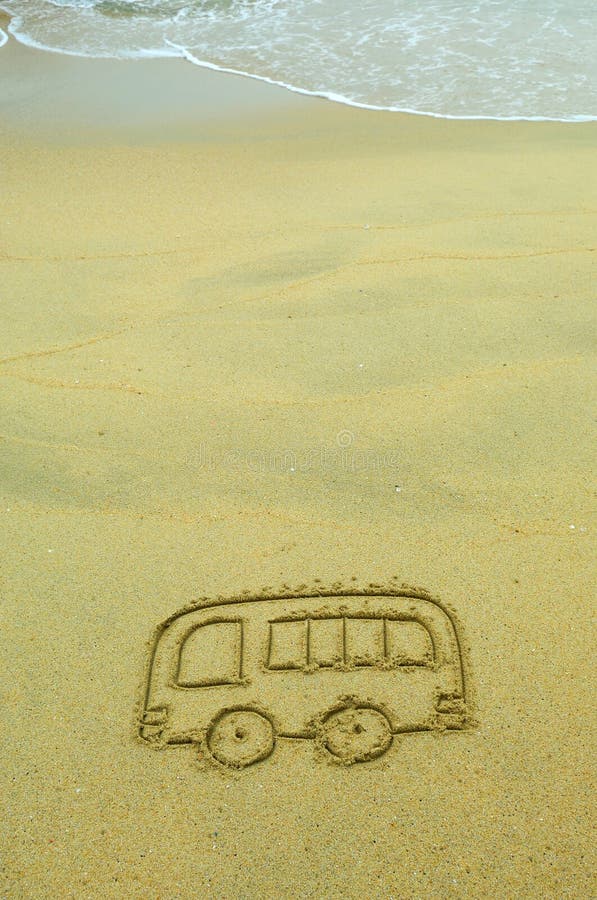 Bus drawing in the sand stock photo. Image of surf, emotion - 15139724