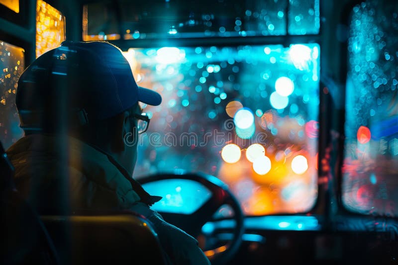 Bus Driver at Night Looking through Wet Window. Stock Photo - Image of ...