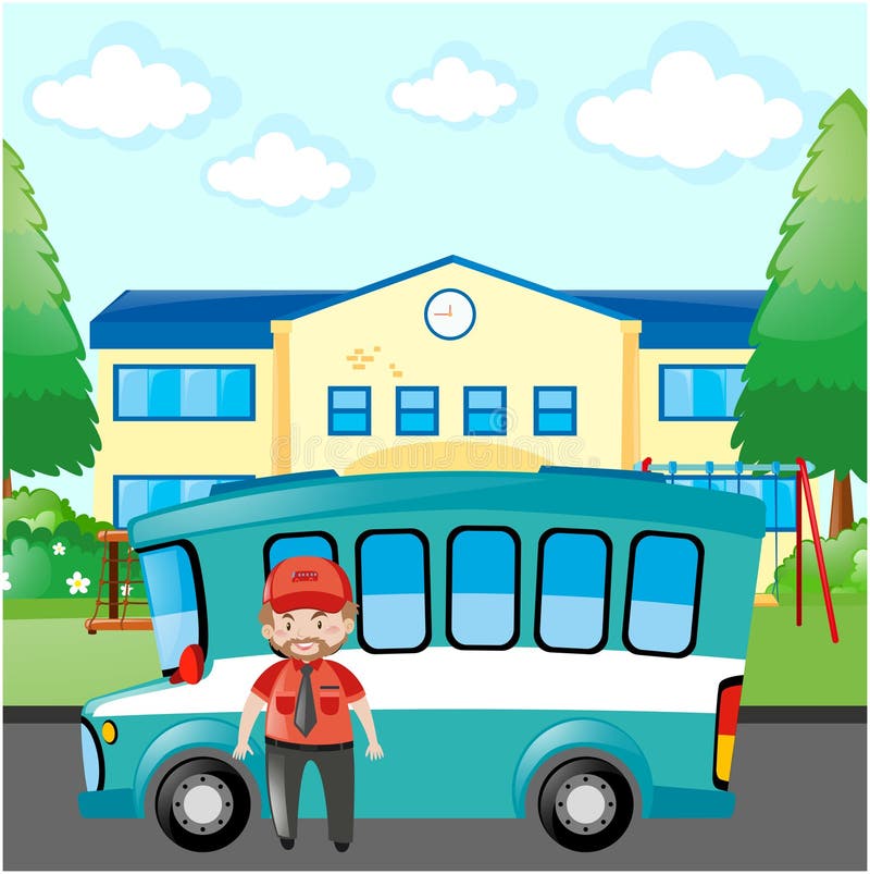 Bus Driver Standing by Blue Bus Stock Illustration - Illustration of ...