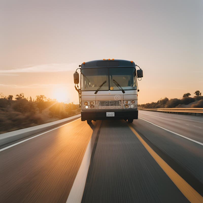 A Bus Driving Down a Highway at Sunset Stock Photo - Image of defocus ...