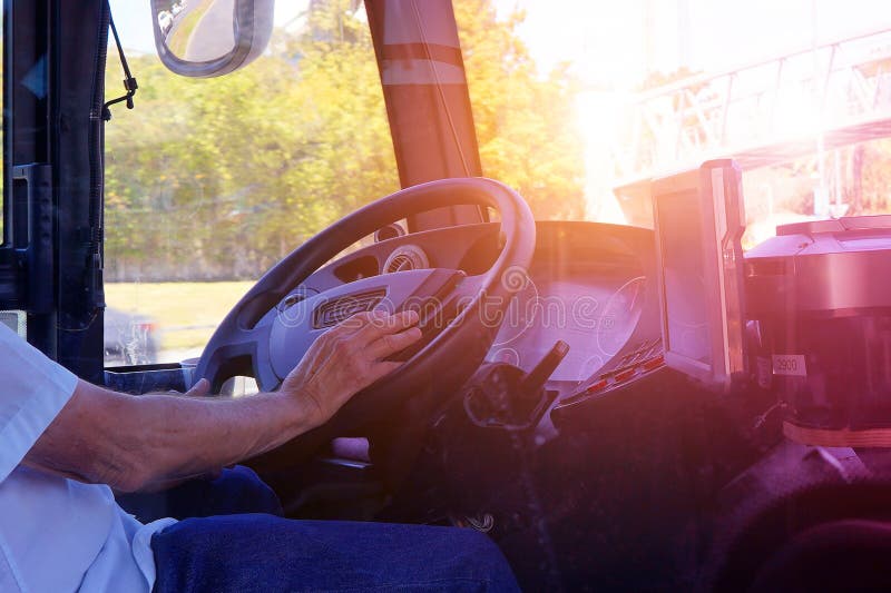 Bus Driving. Hands of Driver in a Modern Bus by Driving Stock Image ...
