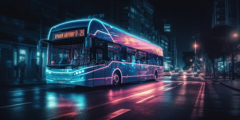 Bus Driving on the Road at Night with Glowing Neon Lights Motion Blur ...