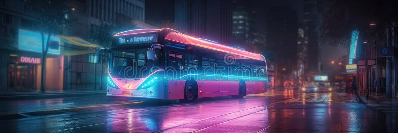 Bus Driving on the Road at Night with Glowing Neon Lights Motion Blur ...