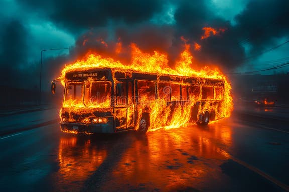 A Bus is Engulfed by Flames on the Side of the Road Stock Photo - Image ...