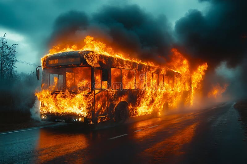 A Bus on Fire on the Side of the Road Stock Photo - Image of burn ...