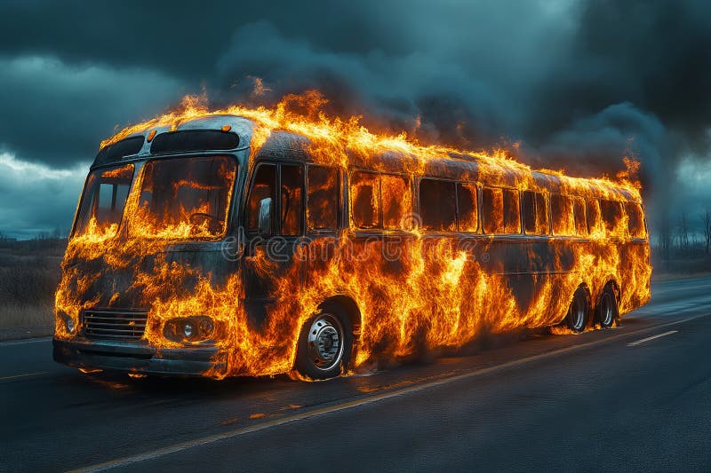 A Bus on Fire on the Side of the Road Stock Photo - Image of spreading ...