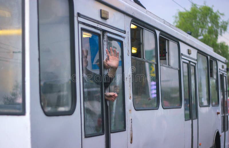 Bus Full of People. Hands Pressed by Doors Stock Photo - Image of ...
