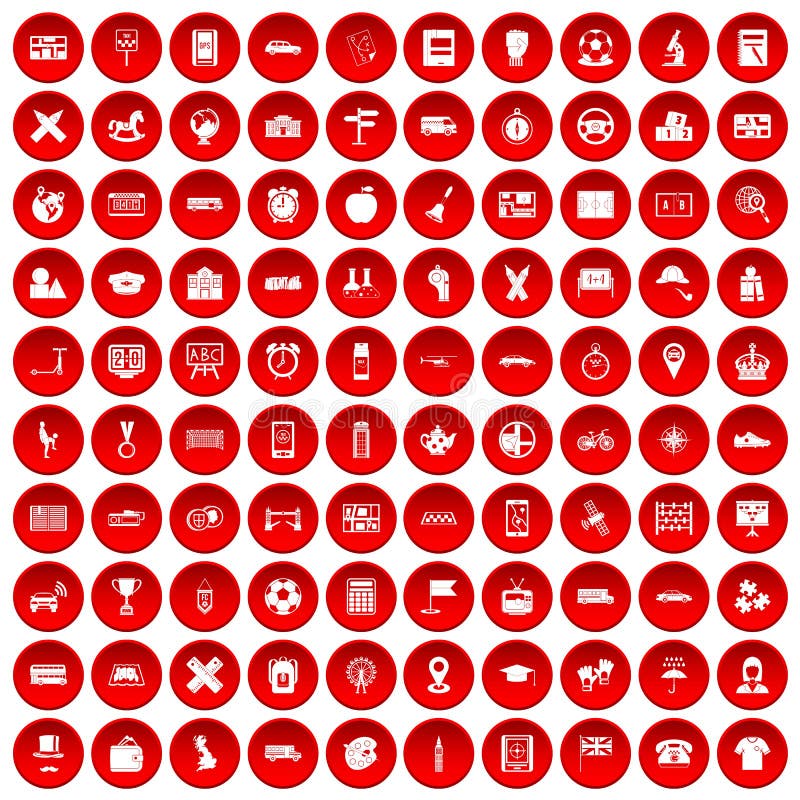 100 bus icons set red stock vector. Illustration of clock - 96600729