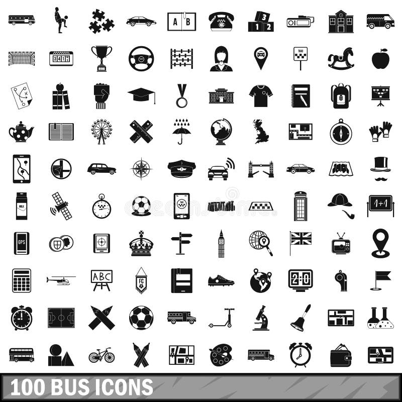 100 Bus Icons Set, Simple Style Stock Vector - Illustration of pipe ...