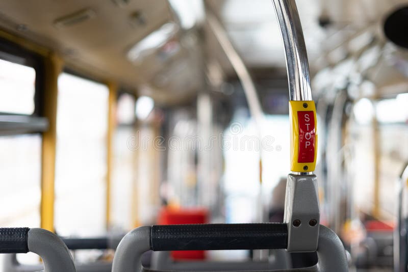 Bus Interior in Circulation with the STOP Button in the Foreground on a ...