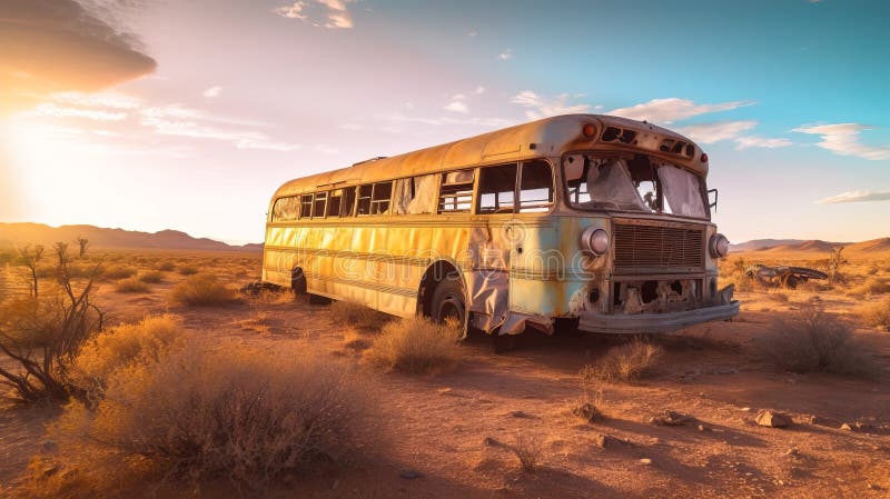 Abandoned Bus on Deserted Road Stock Illustration - Illustration of ...