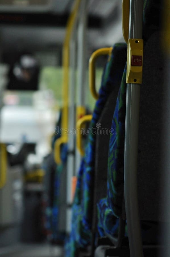 On the Bus Looking Forward, Bus Corridor. Close-up of Blue Patterned ...