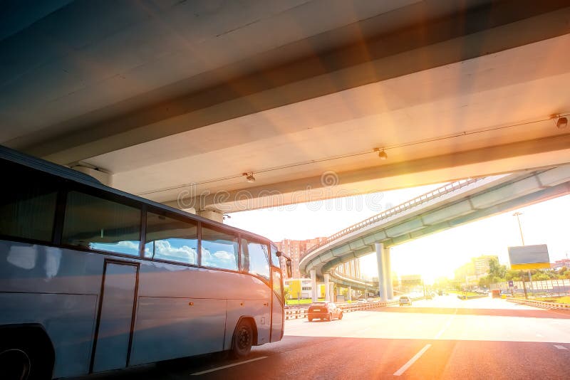 Bus Moves Under Bridge on Highway Stock Image - Image of cityscape ...