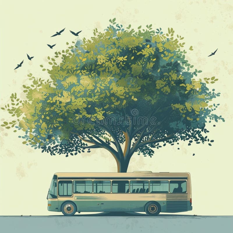 Bus Navigates Under a Leafy Tree Canopy Stock Illustration ...